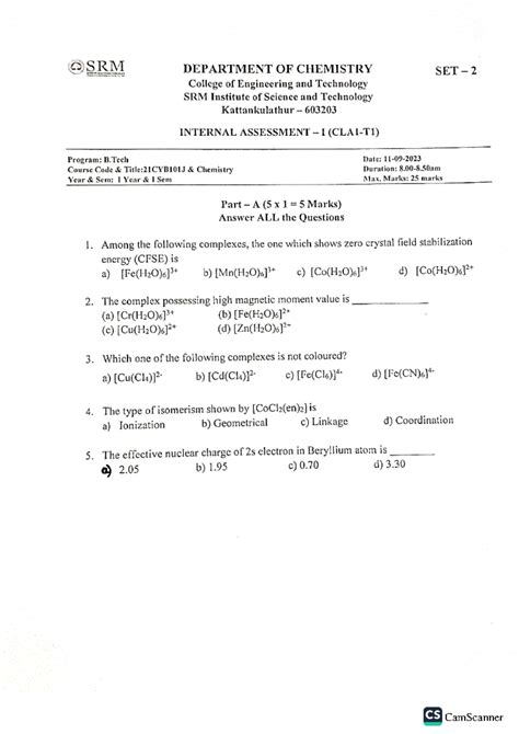 Previous Semster Question Papers For Ct1 Srm Department Of Chemistry Set 2 College Of
