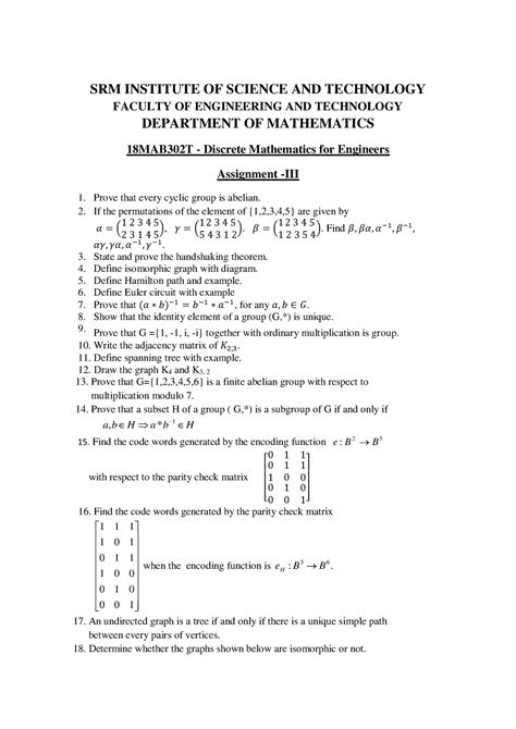 18mab302t Dm Assignment Iii Srm Institute Of Science And Technology Faculty Of Engineering