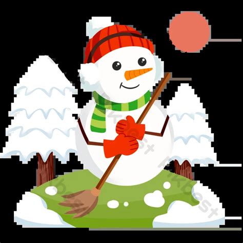 눈을 쓸고 빗자루를 들고 만화 귀여운 크리스마스 눈사람 일러스트 Png Psd 무료 다운로드 Pikbest