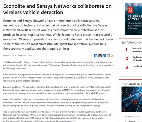 Econolite And Sensys Networks Collaborate On Wireless Vehicle Detection