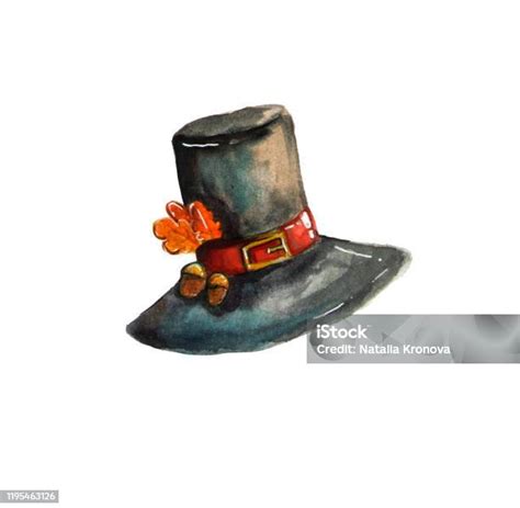 나뭇잎과 도토리 추수 감사절 검은 모자 수채화 핸드 그린 일러스트 리 미리 수채화에 대한 스톡 벡터 아트 및 기타 이미지 수채화 추수감사절 유머 Istock