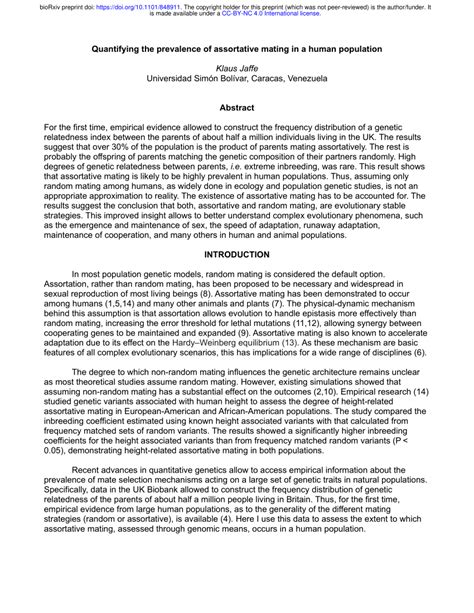 Pdf Quantifying The Prevalence Of Assortative Mating In A Human