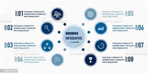 프레젠테이션 및 웹 시트를 위한 블루 서클 디자인에 8가지 옵션이 있는 인포그래픽 디자인 벡터 및 비즈니스 아이콘 Launch Party에 대한 스톡 벡터 아트 및 기타