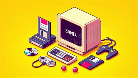 Pixelated Game Loading On Retro Computer With Joysticks And Floppy Disks On Bright Yellow