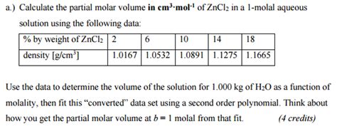Solved Calculate The Partial Molar Volume In Cm Middot Chegg