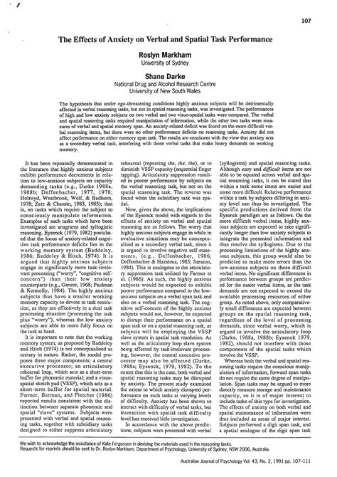 Pdf The Effects Of Anxiety On Verbal And Spatial Task Performance