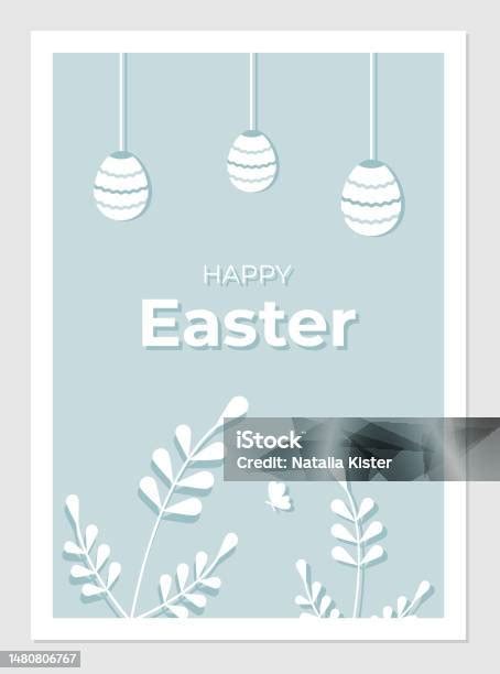 종이로 자른 식물 요소와 글자가 있는 부활절 포스터 부활절 달걀을 매달고 있는 벡터 그림입니다 행복한 부활절 인사말 카드 템플릿입니다 0명에 대한 스톡 벡터 아트 및 기타