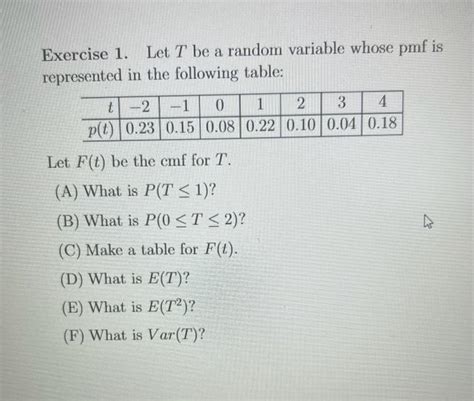 Solved Exercise Let T Be A Random Variable Whose Pmf Is Chegg