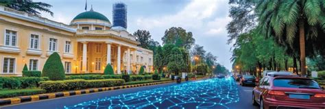 Government Building Enveloped In A Symbolic Blue Digital Network Representing Connectivity And