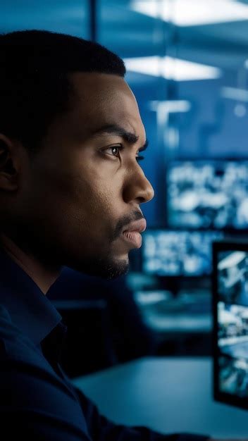 Side View Portrt Of Black Man Looking At Surveillance Camera Footage In Security Center Office