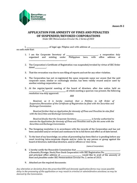 Sec Formsapp For Availment Of Amnesty Of Fines And Penalties Pdf