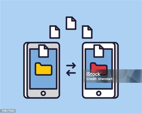 데이터 장치 스마트폰 간의 파일 전송 이미지 파일 전송 복사 파일 데이터 시트 교환 개념입니다 벡터 평면 선 만화 아이콘 일러스트 절연 0명에 대한 스톡 벡터 아트 및 기타