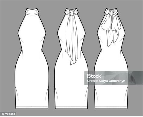 드레스 넥 보우 테크니컬 패션 일러스트와 홀터 네크라인 민소매 몸에 맞는 무릎 길이 의 연필 스커트 0명에 대한 스톡 벡터 아트 및 기타 이미지 Istock