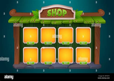 Shop Game Interface Design Cartoon Vector Illustration Wooden Frame