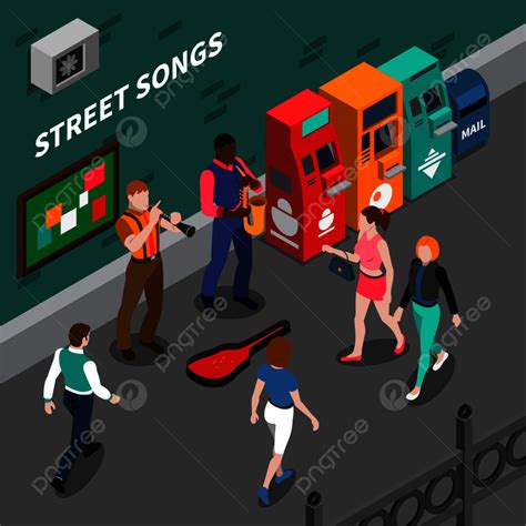 악기 3d 벡터 일러스트 포스터를 연주 거리 음악가와 아이소 메트릭 구성 템플릿 Psd 다운로드 디자인 자료 다운로드