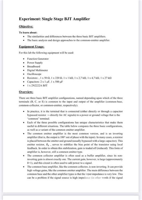 Experiment Single Stage BJT Amplifier Objective To Chegg Com