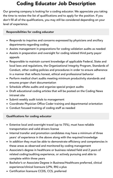 Coding Educator Job Description Velvet Jobs