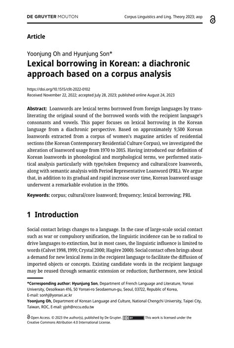 Pdf Lexical Borrowing In Korean A Diachronic Approach Based On A Corpus Analysis