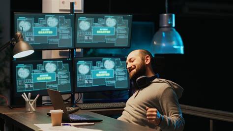 Premium Photo Cyber Criminal Celebrating Hacking Success In Office At