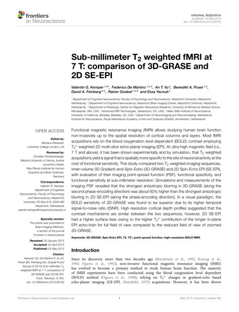 Pdf Sub Millimeter T2 Weighted Fmri At 7 T Comparison Of 3d Grase And 2d Se Epi