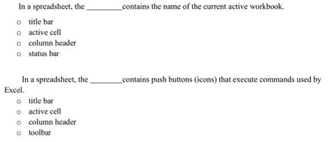 Solved Excel Spreadsheet Questions In A Spreadsheet The