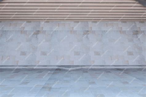 회색 바닥 3d 렌더링 모형이 있는 빈 홀에 포스터 또는 광고 캠페인 보드를 위한 공간이 있는 빈 석재 타일 벽 배경 프리미엄 사진