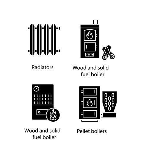 Heating Glyph Icons Set Radiator Firewood And Pellet Boiler Solid