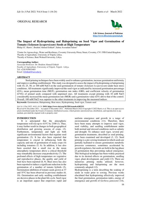 Pdf The Impact Of Hydropriming And Halopriming On Seed Vigor And Germination Of Tomato