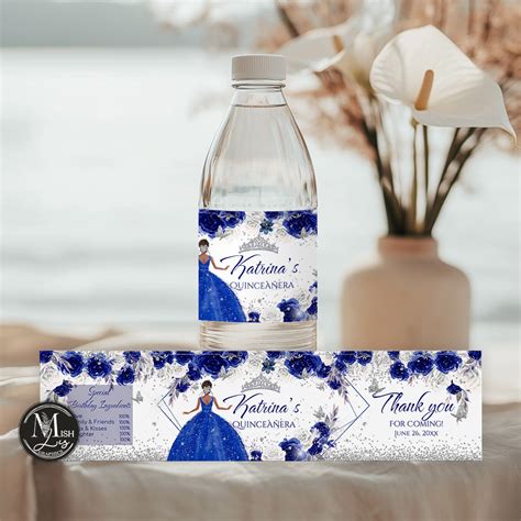 Royal Blue Quinceañera Water Bottle Labels With Silver Crown