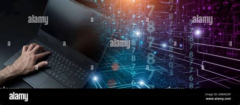 Big Data Technology Background Using A Laptop Against The Background Of Visualization Of A