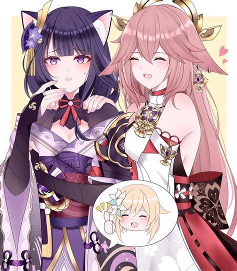 Raiden Shogun Lumine And Yae Miko Genshin Impact Drawn By Marutaro Danbooru