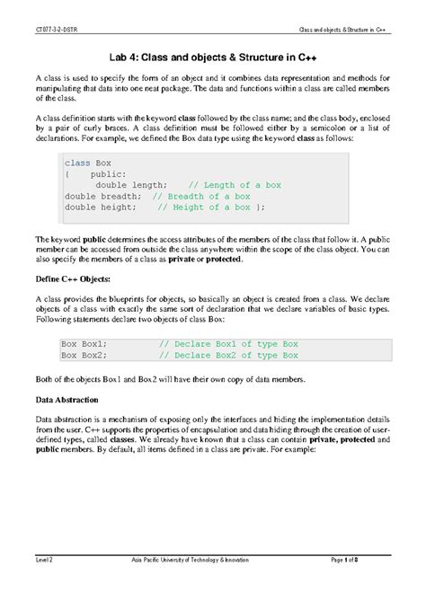Lab 4 Class Lab 4 Dstr Lab 4 Class And Objects And Structure In C A Class Is Used To