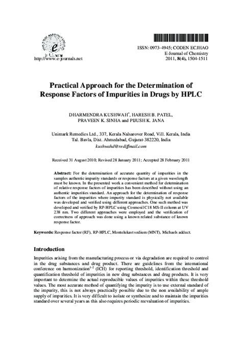 Pdf Practical Approach For The Determination Of Response Factors Of Impurities In Drugs By Hplc