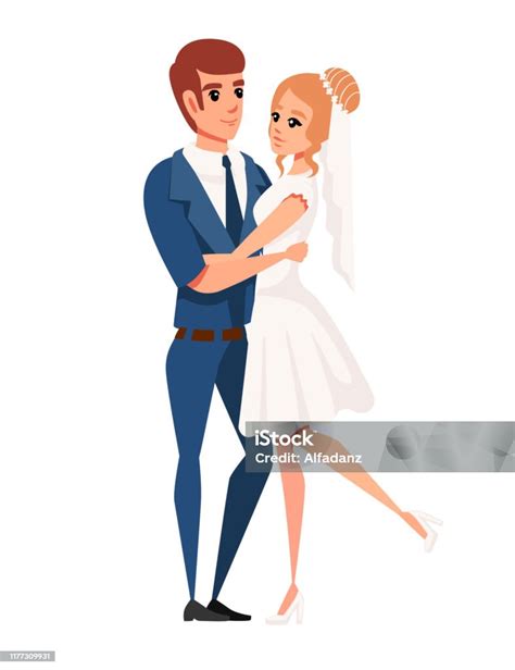 남자와 여자 결혼식 에 사랑 포옹 커플 만화 캐릭터 디자인 평면 벡터 일러스트 에 화이트 배경 결혼식에 대한 스톡 벡터 아트 및 기타 이미지 Istock