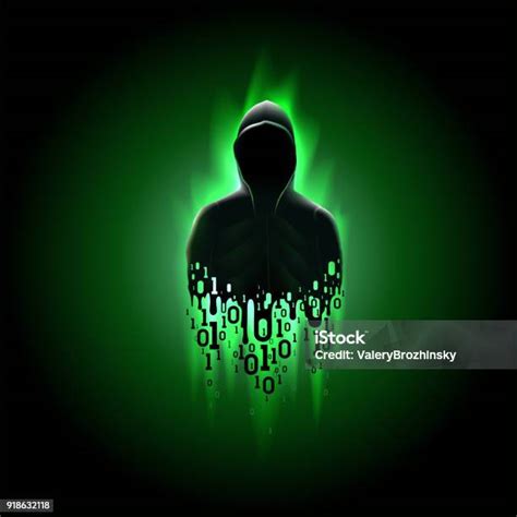 바이너리 코드는 빛나는 녹색 배경 컴퓨터 시스템의 해킹 데이터의 도난에 후드에 해커의 실루엣 벡터에 대한 스톡 벡터 아트 및 기타 이미지 Istock