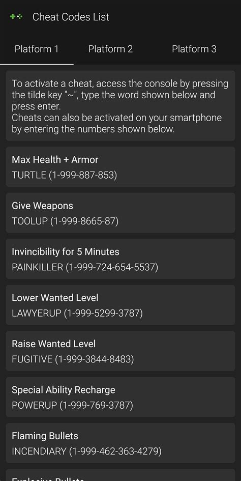 cheat codes list apk for android download