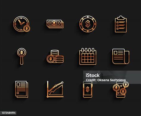 세트 라인 파일 문서 원형 차트 인포 그래픽 시간은 돈 달러 기호 동전 캘린더 아이콘스마트 폰입니다 벡터 0명에 대한 스톡 벡터 아트 및 기타 이미지 Istock