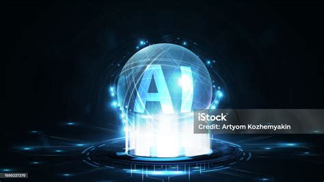 인공 지능 컴퓨터 데이터베이스 개념입니다 디지털 연단에 홀로그램 구체 형태의 파란색 Cpu 기술 미래 템플릿입니다 테크놀로지에 대한 스톡 벡터 아트 및 기타 이미지 Istock