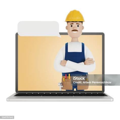 마법사가 있는 랩톱 화면입니다 한 시간 동안 남편 전기 기술자 배관공 목수는 일을 서인을 호출합니다 만화 스타일의 3d 일러스트레이션 건설 산업에 대한 스톡 사진 및 기타