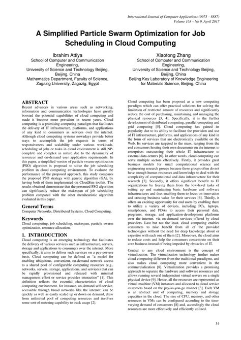 Pdf A Simplified Particle Swarm Optimization For Job Scheduling In Cloud Computing