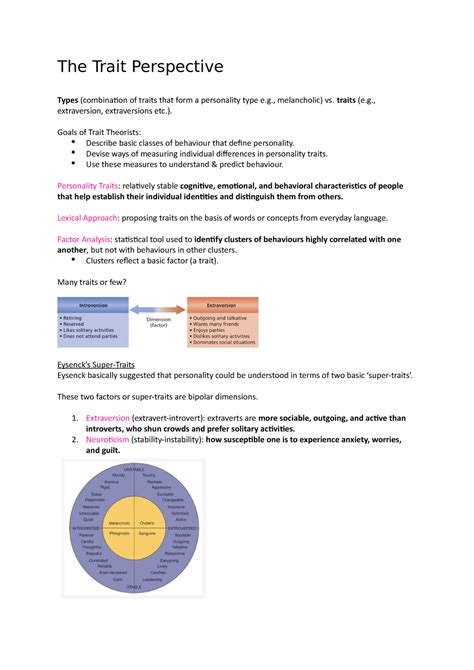 The Trait Perspective Personality Notes For M B The Trait