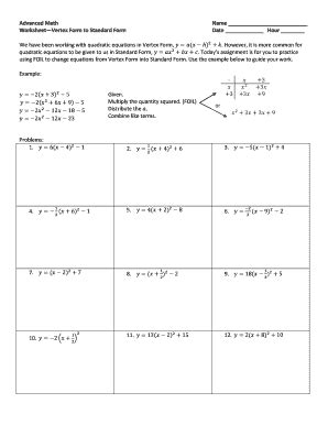 Advanced Math Worksheet Vertex Form To Standard Form Answer Key Worksheets Library