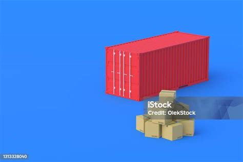 화물 컨테이너 근처의 골판지 상자 도매 구매 국제 무역 상품의 세계 교환 무거운 화물 하중 물류 회사 상업용 배송 공간을 복사합니다 3d 렌더 3차원 형태에 대한 스톡 사진