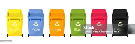 쓰레기 분리수거를 위한 재활용 쓰레기통 세트 유리 유기물 종이 금속 플라스틱 및 전자 폐기물 색상으로 구분된 쓰레기통 환경 인식 및 폐기물 관리를 위한 플랫 벡터