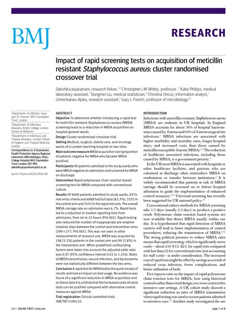 Pdf Impact Of Rapid Screening Tests On Acquisition Of Meticillin Resistant Staphylococcus
