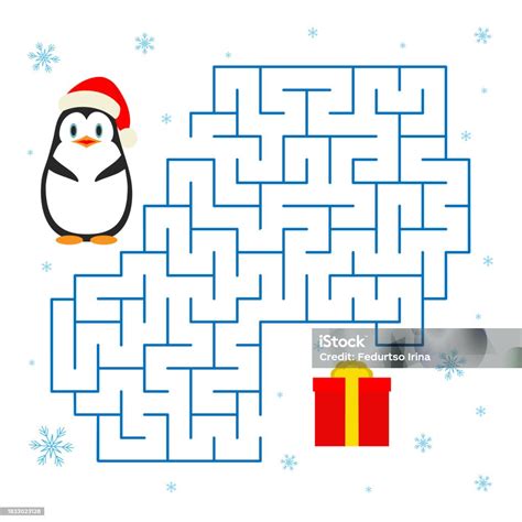 게임 크리스마스 미로 펭귄과 어린이 교육에 대 한 선물과 벡터 미로 산타 모자를 쓴 펭귄이 선물을 찾는 길을 찾도록 도와주세요