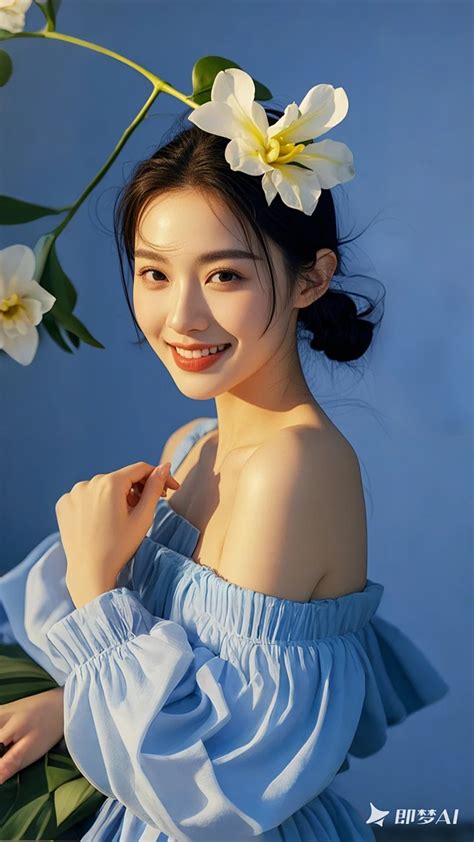 底色为蓝色，一小姐姐特点凝视，五官棱角分明，头上戴有花，高清高冷，微笑，极富艺术感，氛围感拉满，时尚摄影，新时尚，highfashion，伦勃朗光 花瓣网