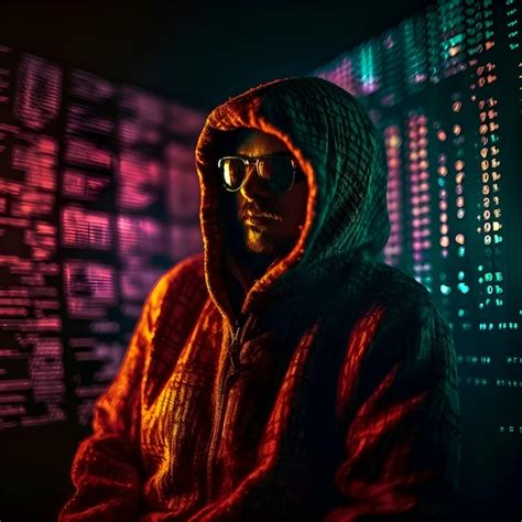premium photo hacker in a dark room with binary code cybercrime concept