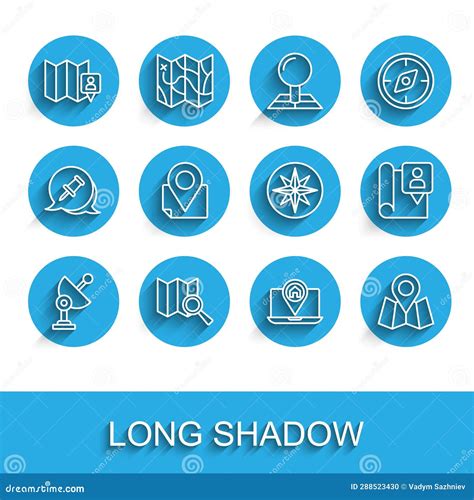 Set Line Radar Search Location Folded Map With Marker City Navigation And Wind Rose Icon