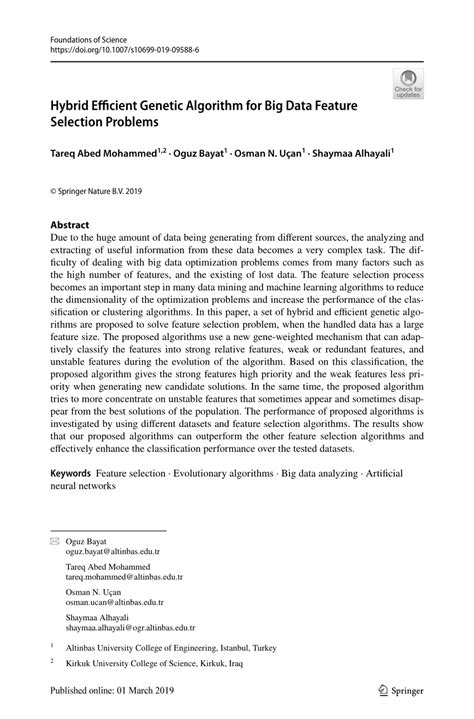 Pdf Hybrid Efficient Genetic Algorithm For Big Data Feature Selection